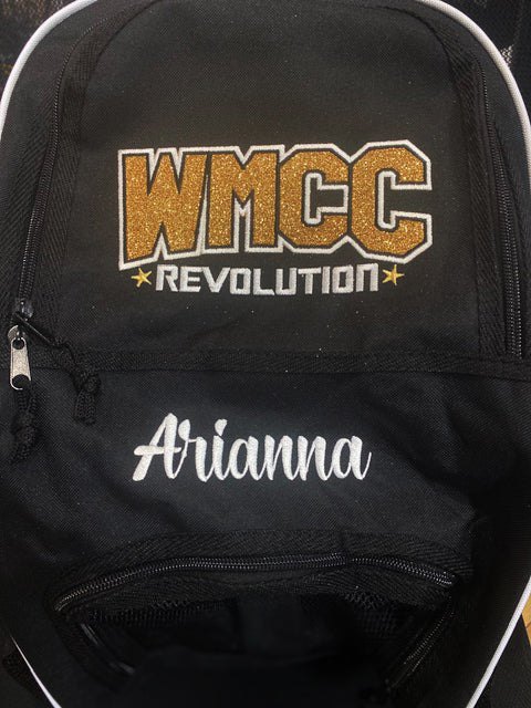 WMCC Black High 5 Backpack w/ WMCC Logo in Gold GLITTER Applique Embro ...