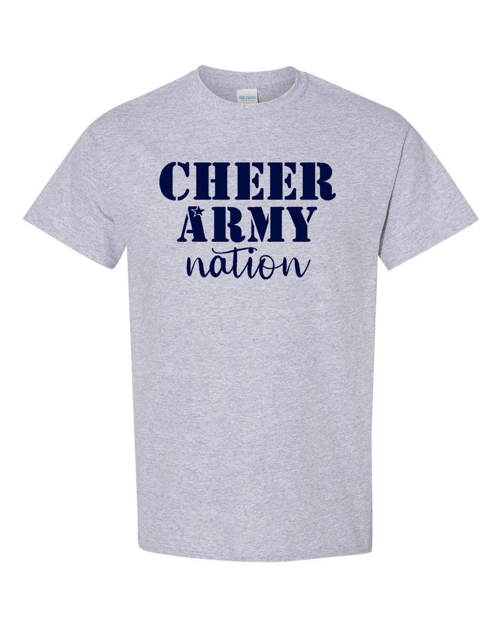 Cheer Army Sport Gray Short Sleeve Tee w/ Navy Cheer Army Nation Desig ...